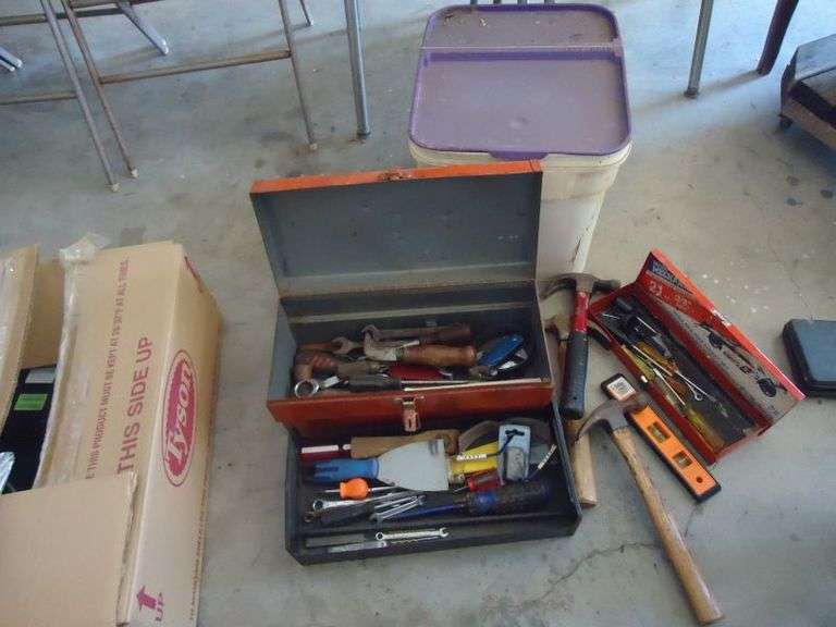 CASH ONLY Tool Lot, Red Metal Tool Box, Hammers, tools, painting stuff ...