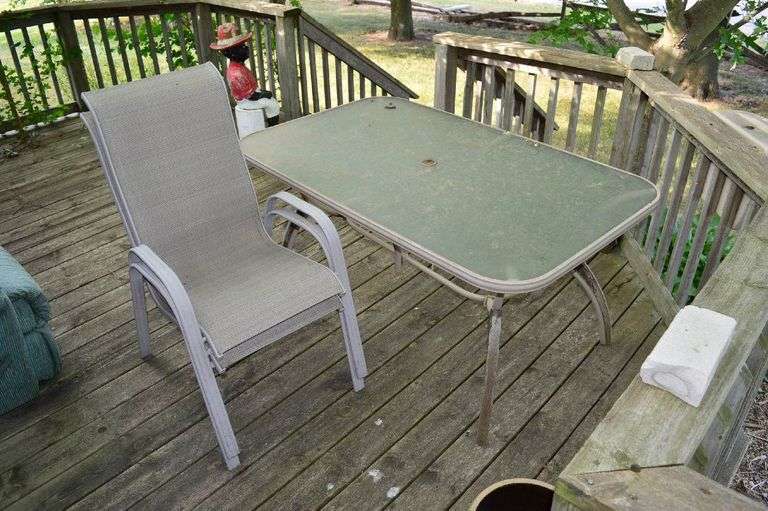 Rectangular Glass Patio Table and 2 Stacking Chairs - Shackelton Auctions Inc.