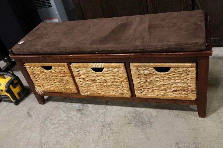 HALL BENCH WITH WICKER BASKETS - Shackelton Auctions Inc.