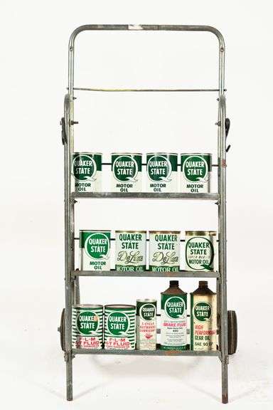 ROLLING MOTOR OIL CAN RACK WITH QUAKER STATE CANS - Shackelton Auctions ...