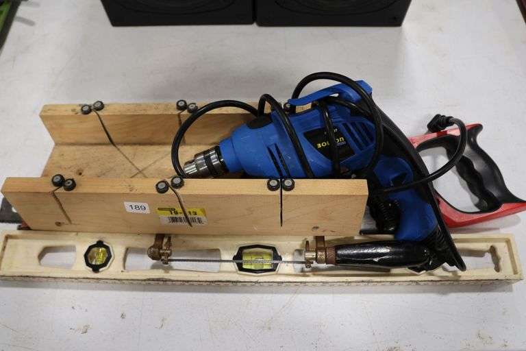 MITRE BOX, ELECTRIC DRILL, HAND SAWS & LEVEL - Shackelton Auctions Inc.