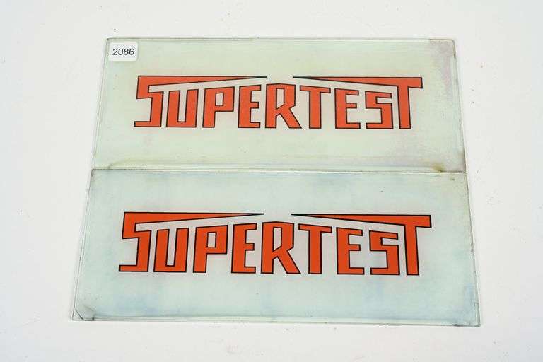 PAIR OF SUPERTEST GAS PUMP AD GLASS PANELS - Shackelton Auctions Inc.