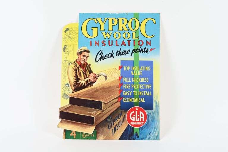 GYPROC WOOL INSULATION CARDBOARD EASEL BACK SIGN - Shackelton Auctions Inc.