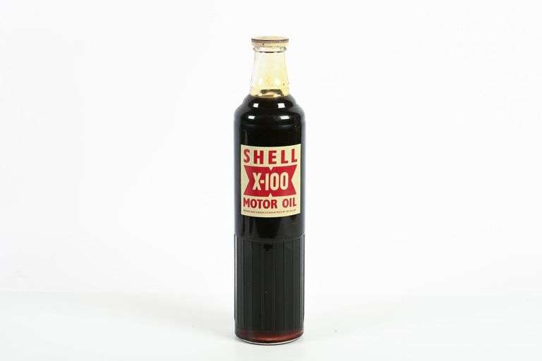 SHELL X-100 MOTOR OIL GLASS QUART BOTTLE - Shackelton Auctions Inc.
