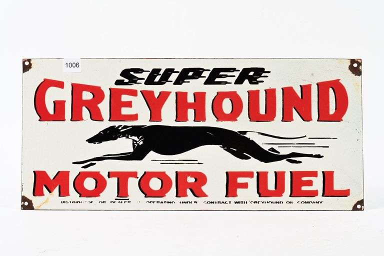 MODERN SUPER GREYHOUND MOTOR FUEL SSP SIGN - Shackelton Auctions Inc.