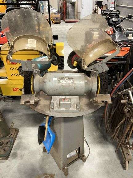 PEDESTAL GRINDER TABLE WITH 3 GRINDERS - Shackelton Auctions Inc.