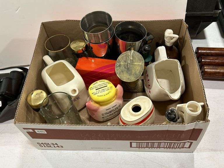 BOX OF PITCHERS, BANK, DRINK MIXERS ETC - Shackelton Auctions Inc.
