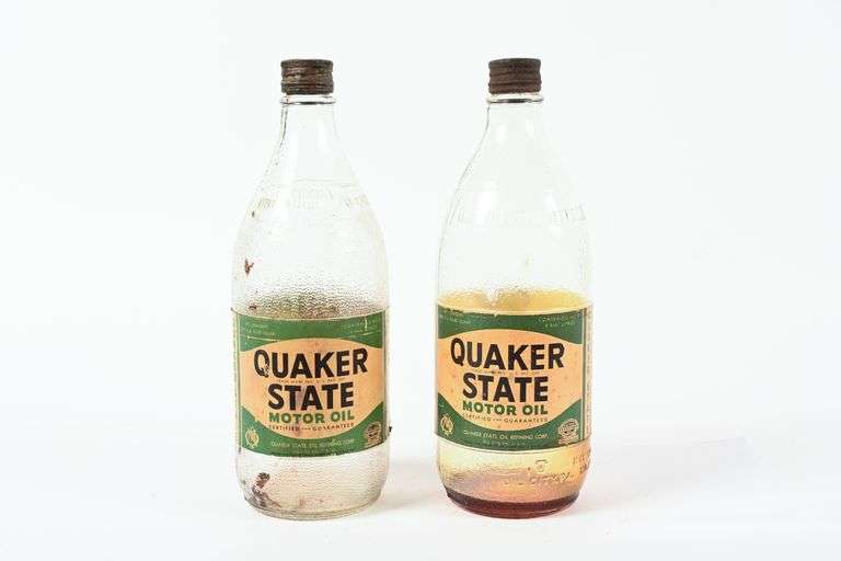 2 QUAKER STATE MOTOR OIL GLASS U.S. QT PAPER LABEL BOTTLES - Shackelton ...