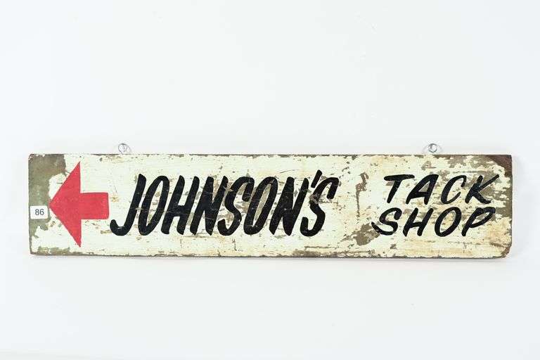 JOHNSON'S TACK SHOP PAINTED WOODEN SIGN - Shackelton Auctions Inc.