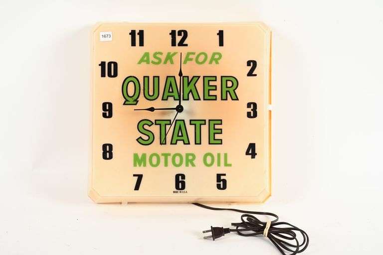 QUAKER STATE MOTOR OIL LIGHTED ELECTRIC PLASTIC WALL CLOCK - Shackelton ...