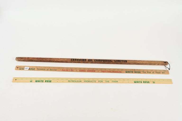 2 WHITE ROSE YARD STICKS & WALKING YARD STICK - Shackelton Auctions Inc.