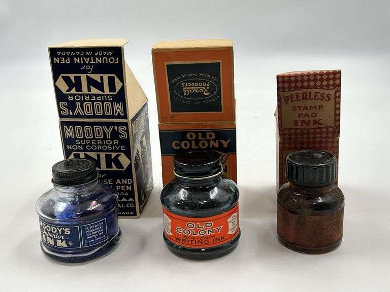 PEERLESS 1 OZ RUBBER STAMP INK BOTTLE WITH BOX, OLD COLONY FOUNTAIN PEN ...