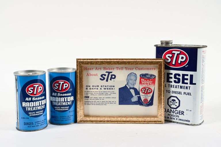 3 STP CANS & FRAMED ADVERTISEMENT - Shackelton Auctions Inc.