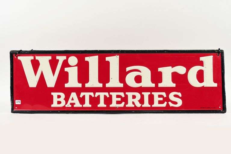 WILLARD BATTERIES EMBOSSED SST SIGN - Shackelton Auctions Inc.