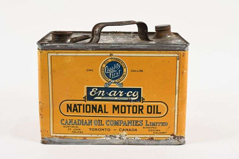 EARLY EN-AR-CO NATIONAL MOTOR OIL IMPERIAL GALLON SQUARE CAN - Shackelton Auctions Inc.
