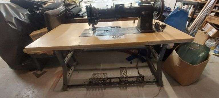 INDUSTRIAL SINGER TREADLE SEWING MACHINE & TABLE - Shackelton Auctions Inc.