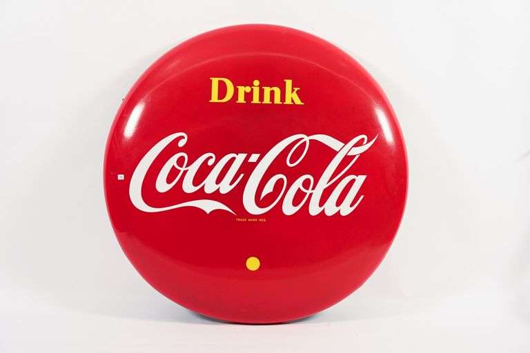 1955 DRINK COCA-COLA 48" PORCELAIN BUTTON SIGN - Shackelton Auctions Inc.