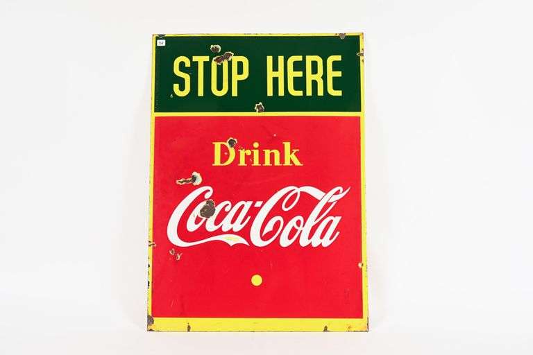 1940'S STOP HERE DRINK COCA-COLA DSP CURB SIGN - Shackelton Auctions Inc.