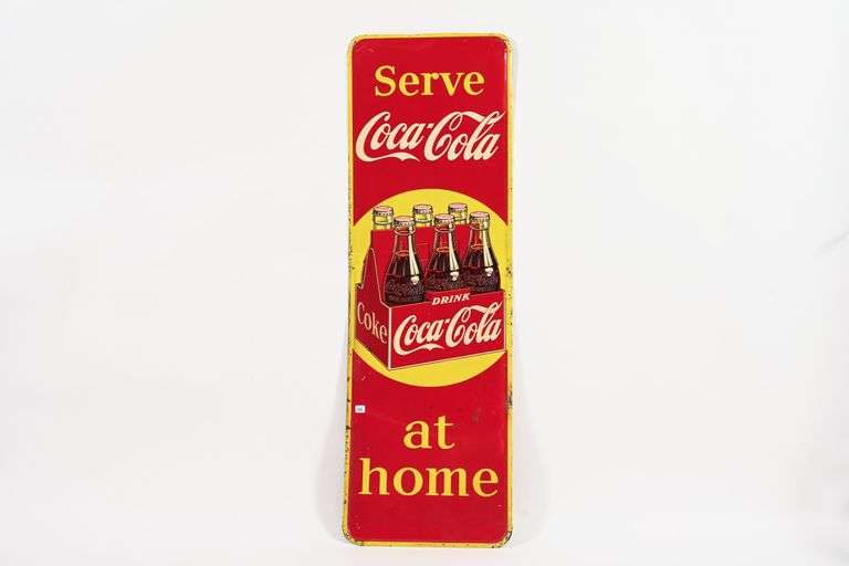 1950'S COCA-COLA SERVE AT HOME TIN VERTICAL SIGN - Shackelton Auctions Inc.