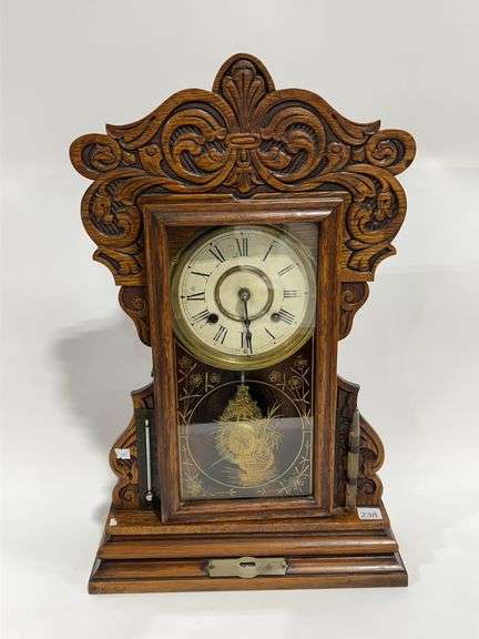 ANTIQUE GINGERBREAD MANTLE CLOCK/WEATHER STATION - Shackelton Auctions Inc.