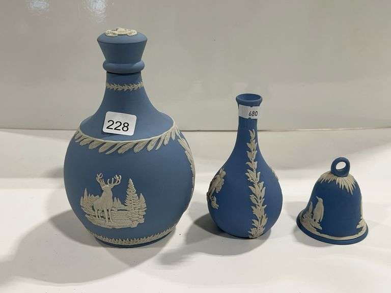WEDGEWOOD DECANTER, BUD VASE AND BELL - Shackelton Auctions Inc.