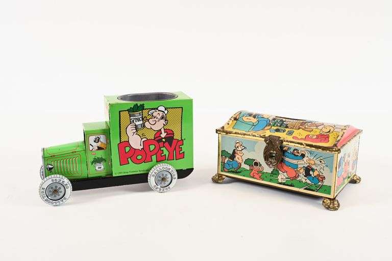 TIN LITHO POPEYE CHEST COIN BANK AND 1993 TIN LITHO SPINACH TRUCK 7.5 ...