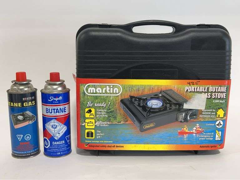 MARTIN PORTABLE BUTANE GAS STOVE AND TWO CANS OF BUTANE - Shackelton ...
