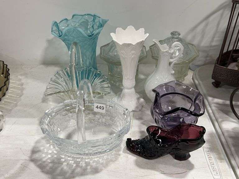 BASKETS VASES, OPALESCENT VASE, CANDY DISHES, GLASS SLIPPER ...
