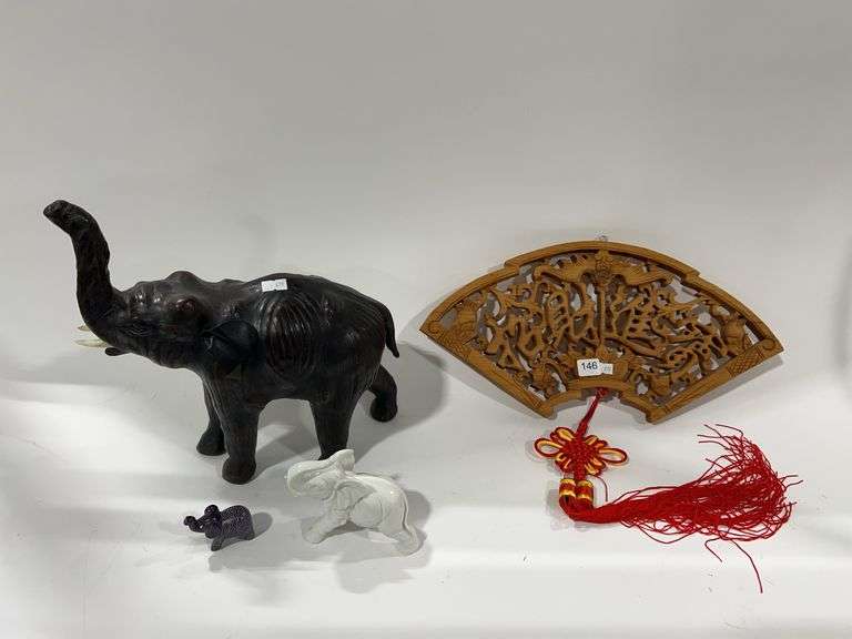 CARVED WOODEN FAN AND THREE ELEPHANT DECOR PIECES - Shackelton Auctions ...