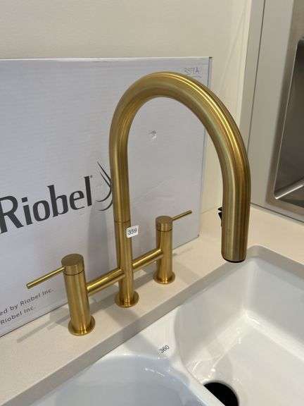 RIOBEL AZURE PULL DOWN 2 HANDLE BRIDGE KITCHEN FAUCET IN BRUSHED GOLD ...