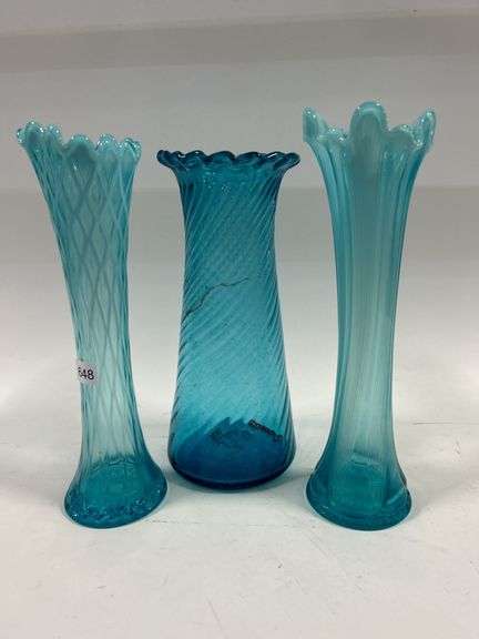 3 BLUE GLASS VASES VASES - 12" - Shackelton Auctions Inc.