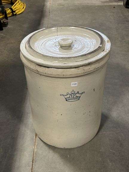 12 GALLON STONEWARE CROWN CROCK WITH LID - Shackelton Auctions Inc.