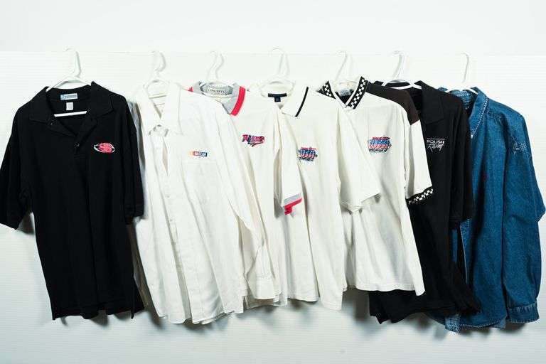 5 ASSORTED RACING GOLF SHIRTS, RALPH LAUREN BUTTON UP AND NASCAR BUTTON ...
