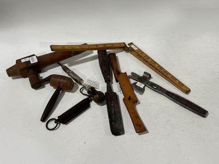 SPIGOT, SMALL MALLET, SCREWDRIVER, FOLDING RULER, SPOKE SHAVE & CRATE ...