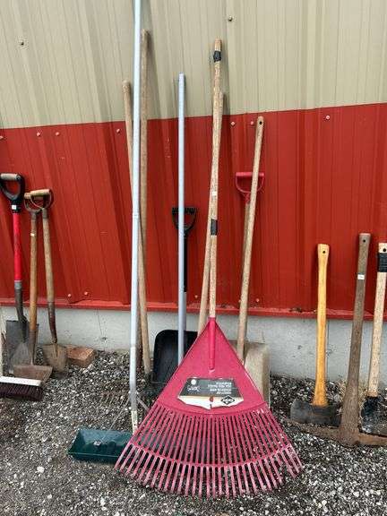 GROUP OF SHOVELS, RAKES & ROOF RAKE - Shackelton Auctions Inc.