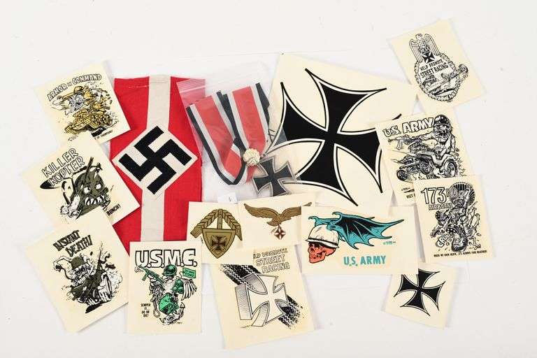 GROUP OF GERMAN NAZI DECALS, ARM BAND AND MEDAL - Shackelton Auctions Inc.
