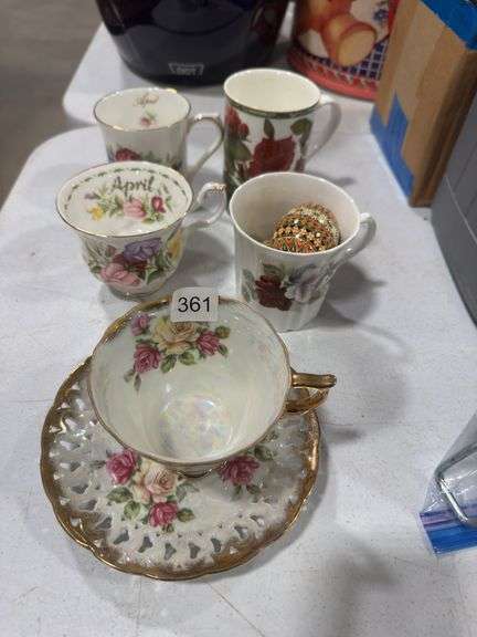 ASSORTED TEA CUPS, ONE SAUCER, TWO EGGS - Shackelton Auctions Inc.