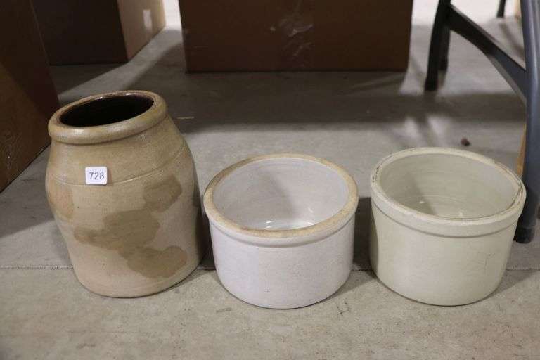 THREE SMALL GLAZED STONEWARE CROCKS - Shackelton Auctions Inc.