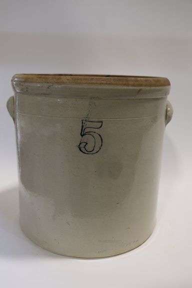 GLAZED STONEWARE FIVE GALLON CROCK - Shackelton Auctions Inc.
