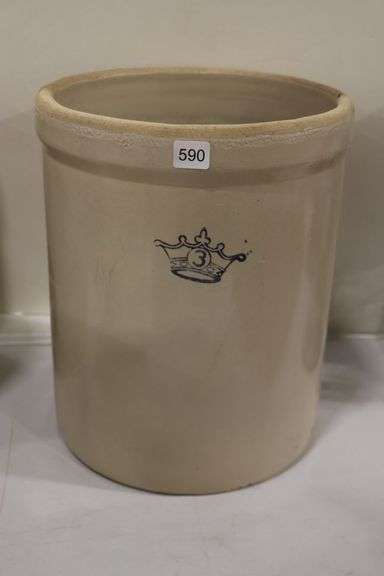 GLAZED STONEWARE THREE GALLON CROWN CROCK - Shackelton Auctions Inc.