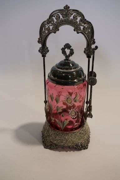 PAINTED CRANBERRY GLASS PICKLE CRUET - Shackelton Auctions Inc.