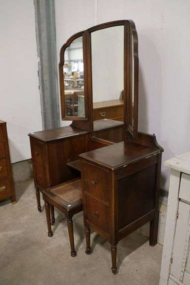 ANTIQUE MIRRORED VANITY WITH BENCH 44"X19"X67" - Shackelton Auctions Inc.