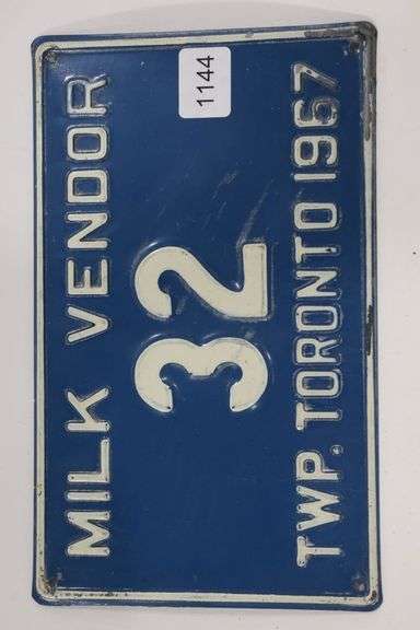 1967 TORONTO MILK VENDOR LICENSE PLATE - Shackelton Auctions Inc.