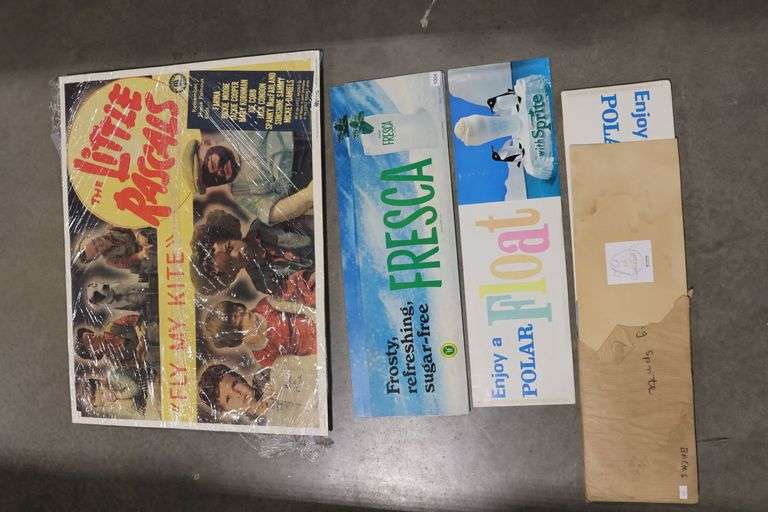 GROUP OF CARDBOARD POP STRIP SIGNS 24"X7" AND LITTLE RASCALS. POSTER ...
