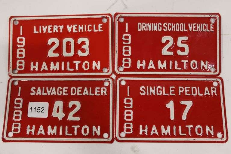 FOUR 1988 HAMILTON SPECIAL VEHICLE LICENSE PLATES - Shackelton Auctions ...