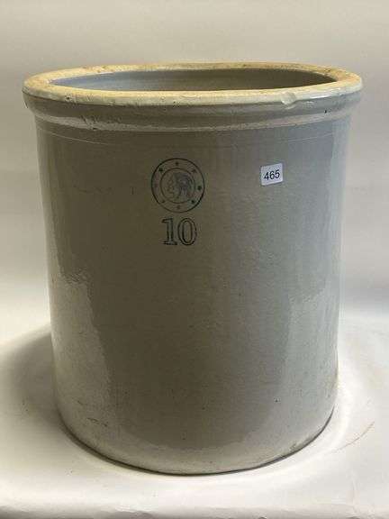 10 GALLON GLAZED STONEWARE INDIAN HEAD CROCK - Shackelton Auctions Inc.