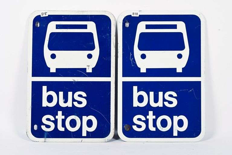 TWO BUS STOP ALUMINUM SIGNS - 12"X18" - Shackelton Auctions Inc.