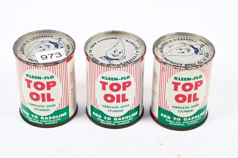 THREE KLEEN-FLO TOP OIL 4 OZ CANS - FULL - Shackelton Auctions Inc.