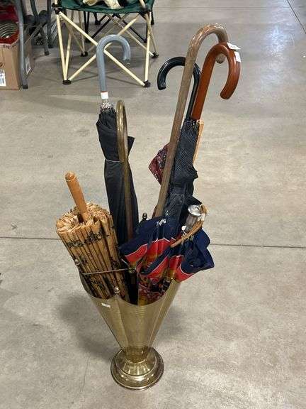 GROUP OF ASSORTED UMBRELLAS WITH BRASS UMBRELLA STAND - Shackelton ...
