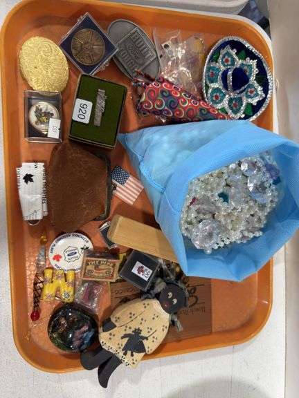 BELT BUCKLE, PINTO TIE CLIP, TRAIN WHISTLE, BEADS, PINS, ETC ...